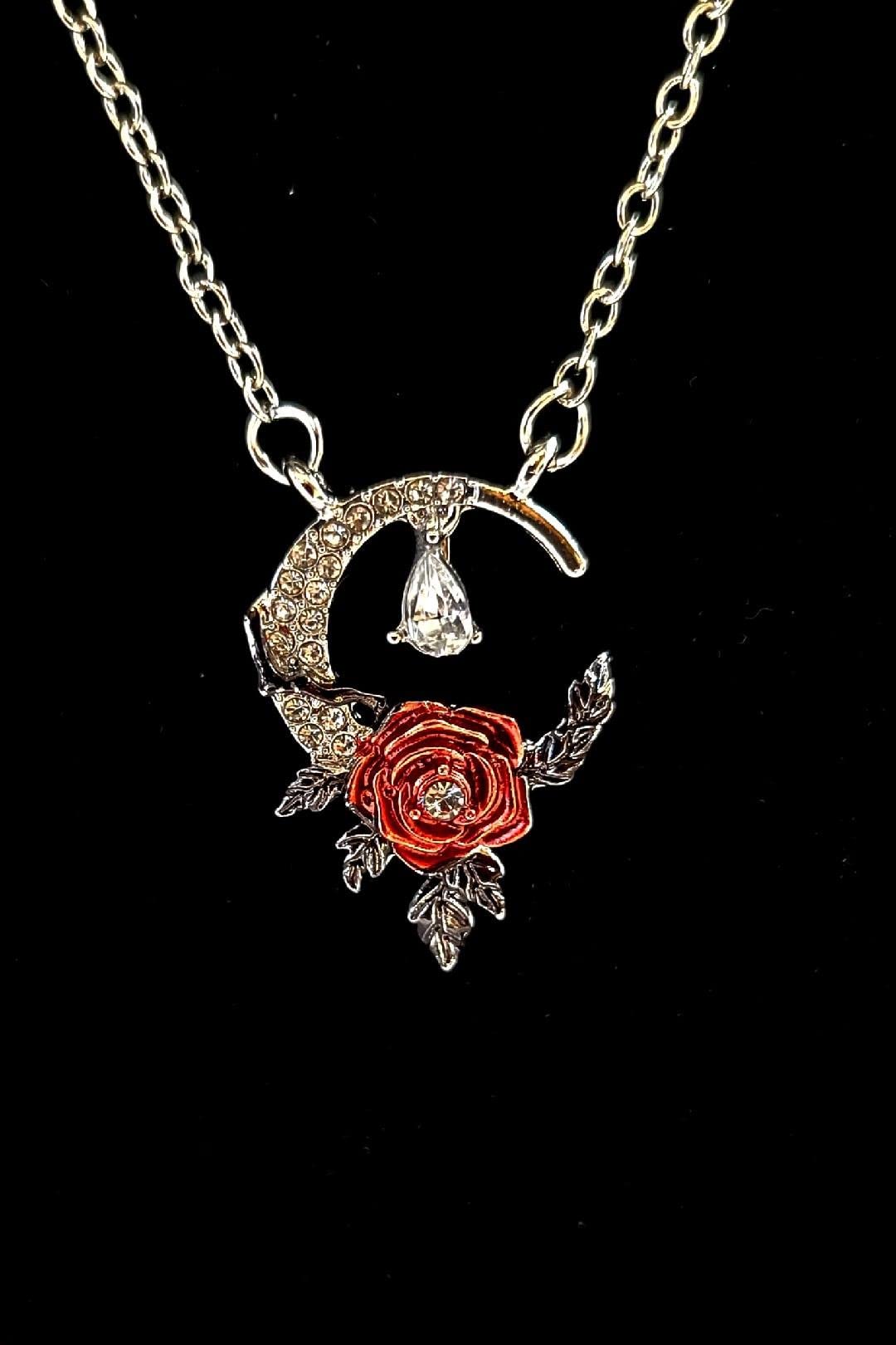 Gorgeous Rose Pendant Necklace with Crescent Moon, Chain & Lobster Claw Clasp, 18in chain