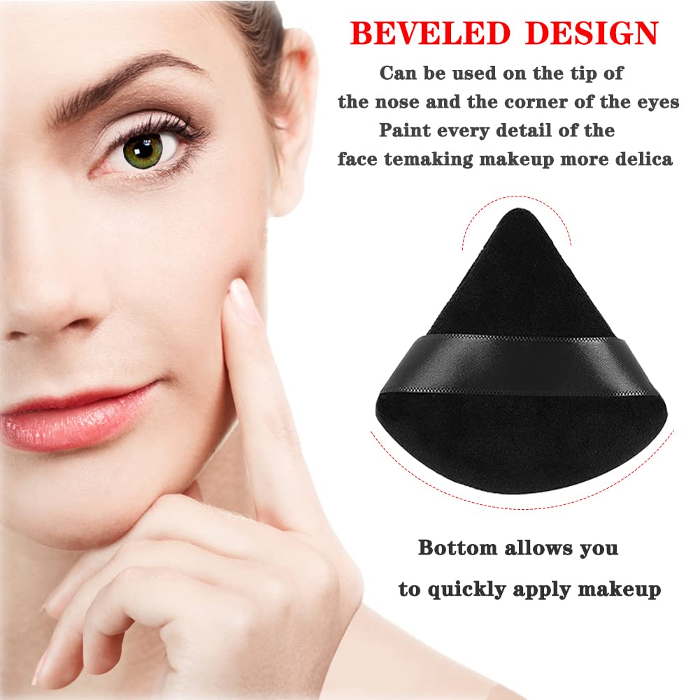 Triangle Powder Puff Makeup Puffs, 6 Pcs Ultra Soft Cotton Velour With Strap, Designed for Contouring,Under Eyes and Face Corners,Body Loose Powder Blending (White, Black)
