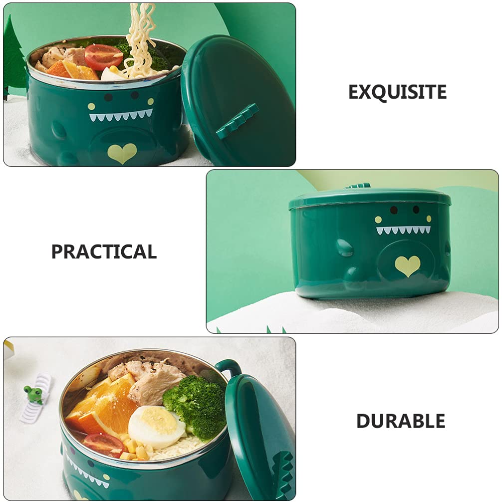 Hemoton Stainless Steel Noodle Bowl with Lid Dinosaur Pattern Soup Bowl Food Storage Container with Handle and Lid Bento Lunch Box Snack Bowl Rice Noodles Salad Green