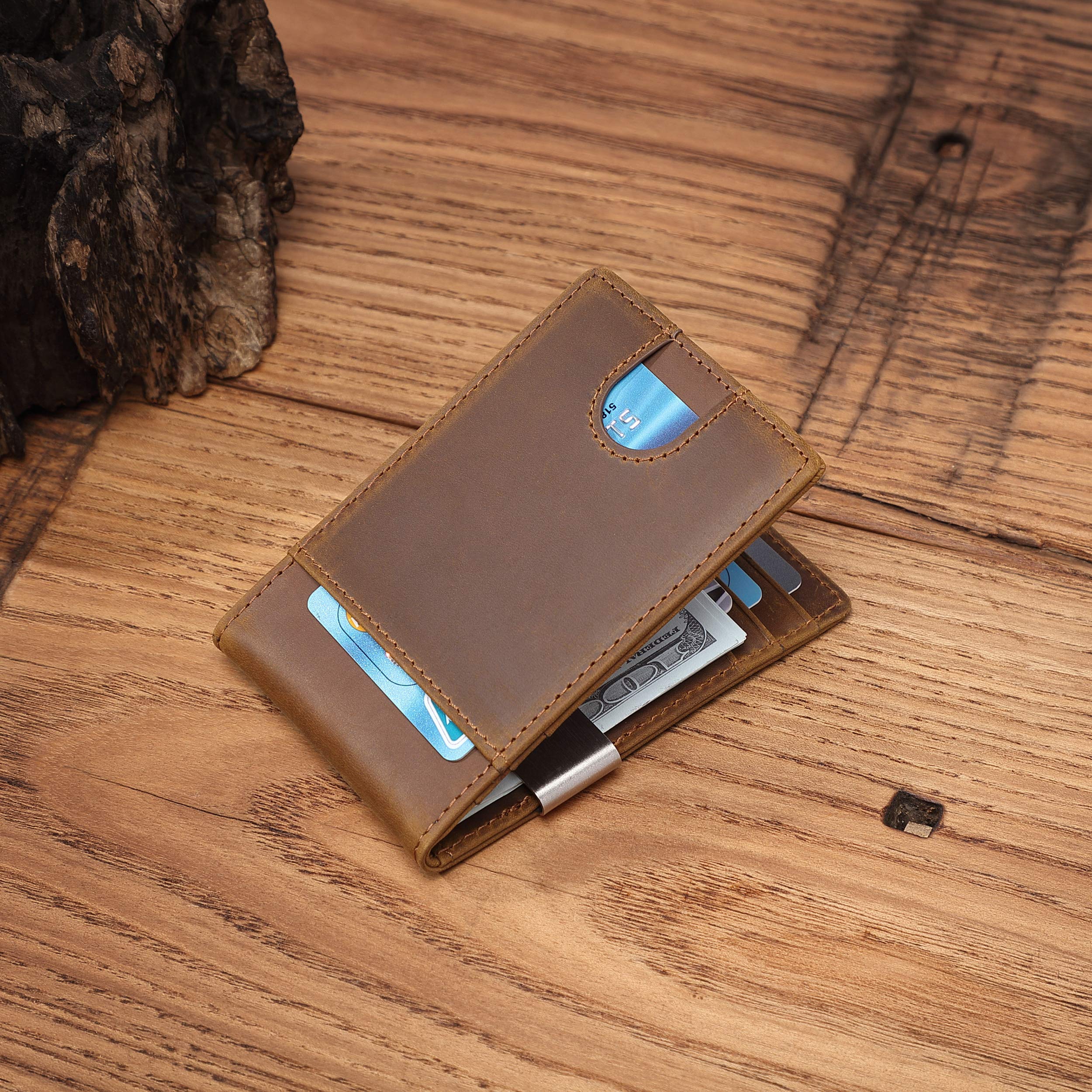 FeiYen Personalized Custom Engraved Minimalist Slim Metal Money Clip Wallet for Husband Dad Son Boyfriend Him - RFID Blocking Mens Leather Front Pocket Bifold Wallets with Mini Credit Card Holder