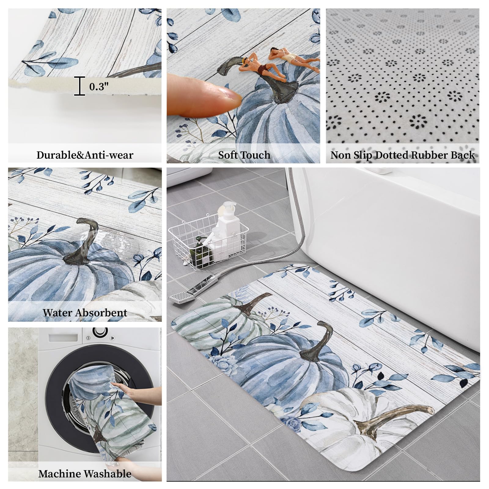 Fall Bathroom Rugs Blue Pumpkin Fall Bath Mat Sponge Doormat, White Blue Pumpkins Wooden Absorbent Bath Mat Non Slip Washable Durable Foam Mats Carpet for Bathroom Kitchen,18 x 30 Inch