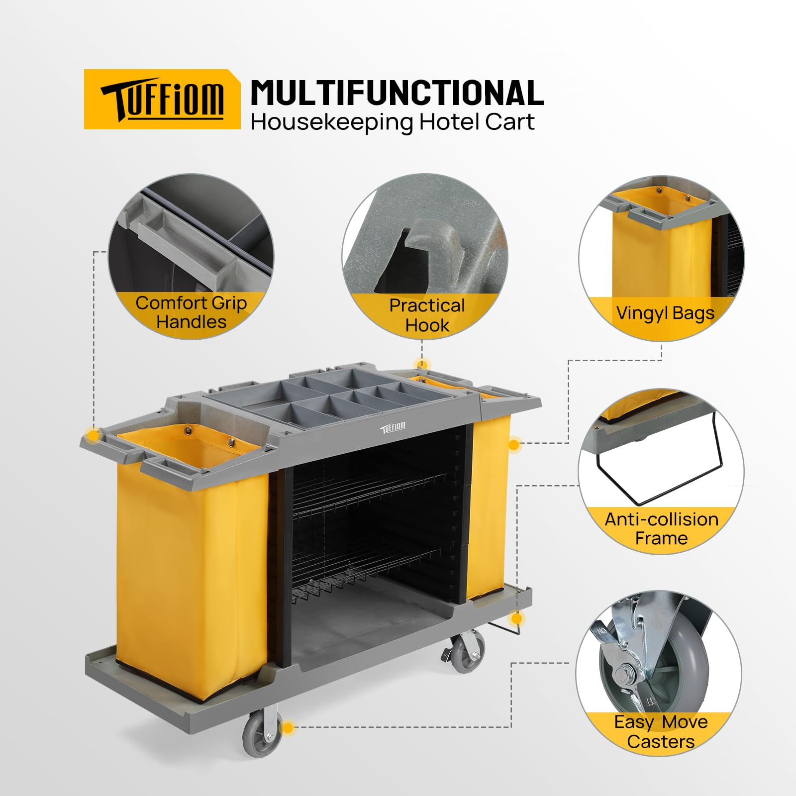 LEADZM Premium Hotel & Housekeeping Cart on Wheels, 154LBS Multifunctional Commercial Cleaning Cart with Large Capacity Vingyl Bags, Comfor Grip Handles and Easy Move Casters