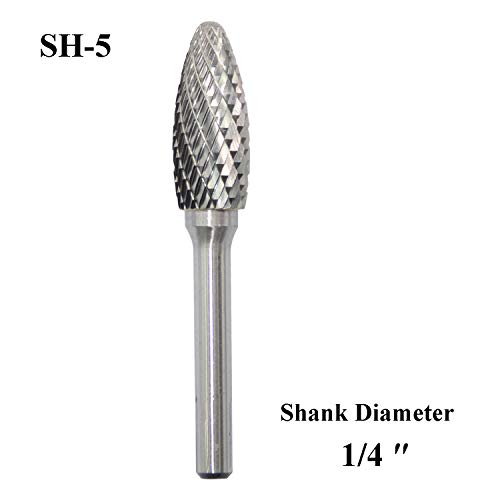 SH-5 Tungsten Carbide Burr Rotary File Flame Shape Double Cut with 1/4''Shank for Die Grinder Drill Bit