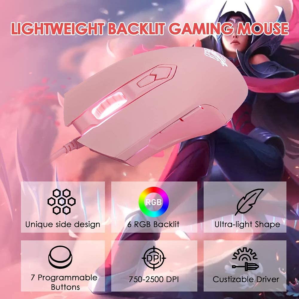 FELICON Pink Mechanical Keyboard Mouse and Handset Combo with Mouse Pad, Full Anti-ghosting Wired Gaming Keyboard, Lightweight Gamer Mouse, Professionals RGB Over Headphone for PC, Laptop,Mac