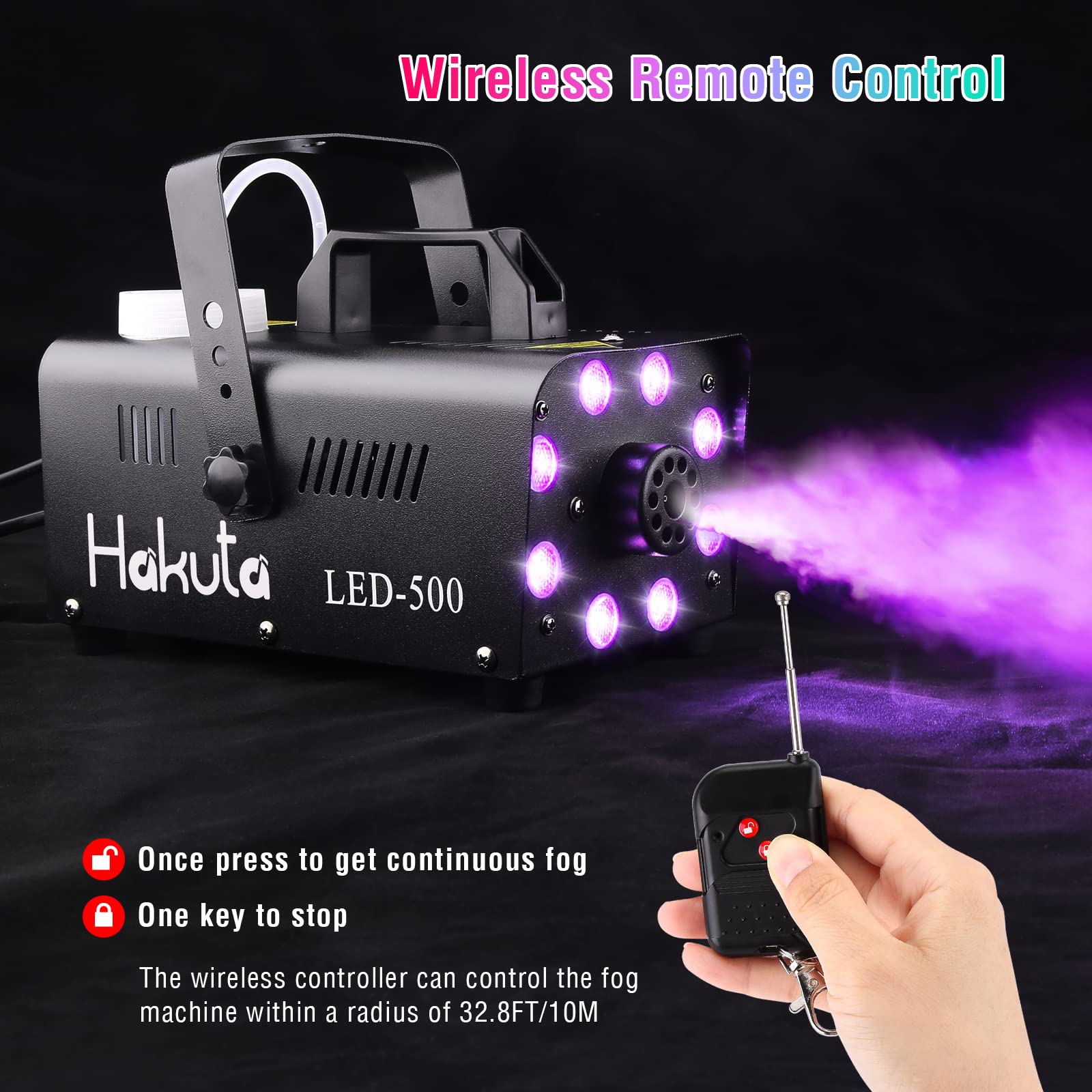 Fog Machine, HAKUTA Automatic Spray Smoke Machine with 8 LED Lights and 13 Colorful LED Lighting Effects, 500W and 2000CFM Fog LED Fog Machine, Perfect for Wedding, Christmas, Halloween, Performance
