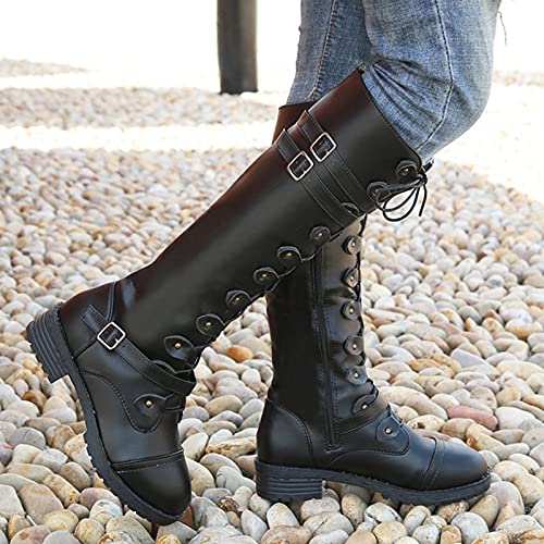 FASDNENDYS Knee High Boots for Women Boots Buckle Toe Lace Decor Shoes Ladies Squared Large Calf Knee Boots Black