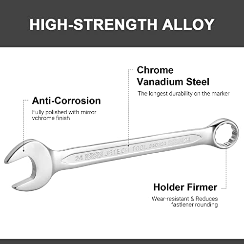 Jetech 24mm Combination Wrench - Industrial Grade Spanners with 12-Point Design, 15-Degree Offset, Durable Chrome Vanadium Steel in Sand Blasted Finish, Forged, Heat-Treated, Metric