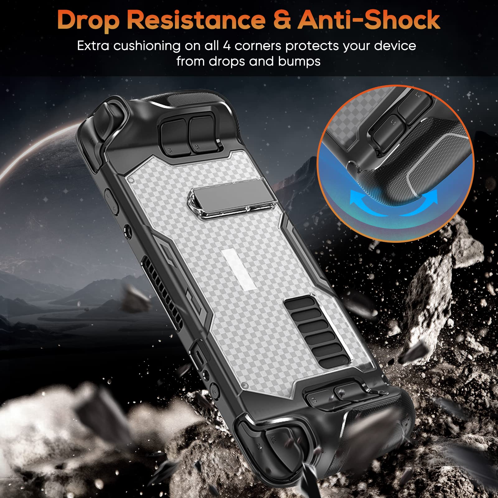 GORIXER Protective Case for Steam Deck with Kickstand, TPU Protector Cover Accessories with Stand & Screen Protector & Thumb Grips, Full Protection, Non-Slip, Anti-Collision for Steam Deck - Black