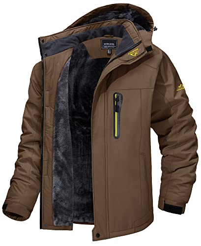 TACVASEN Men's Skiing Jacket with Pockets Winter Warm Fleece Lined Athletic Jacket, Brown, M
