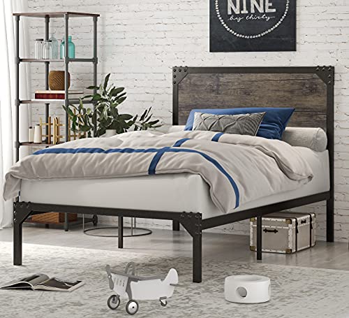 SHA CERLIN Twin Size Metal Platform Bed Frame with Wood Headboard, Mattress Foundation with Heavy Duty Metal Slats Support, No Box Spring Needed, Easy Assembly