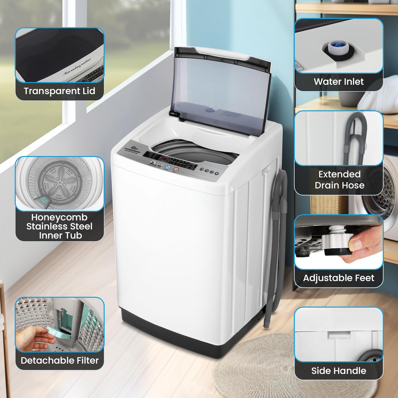 Nictemaw 2.4 Cu.Ft Portable Washing Machine, 17.8lbs Portable Washer Dryer Combo with Drain Pump, Full Automatic Portable Washer with 10 Programs 8 Water Levels LED Display for Apartments, RV, Dorms