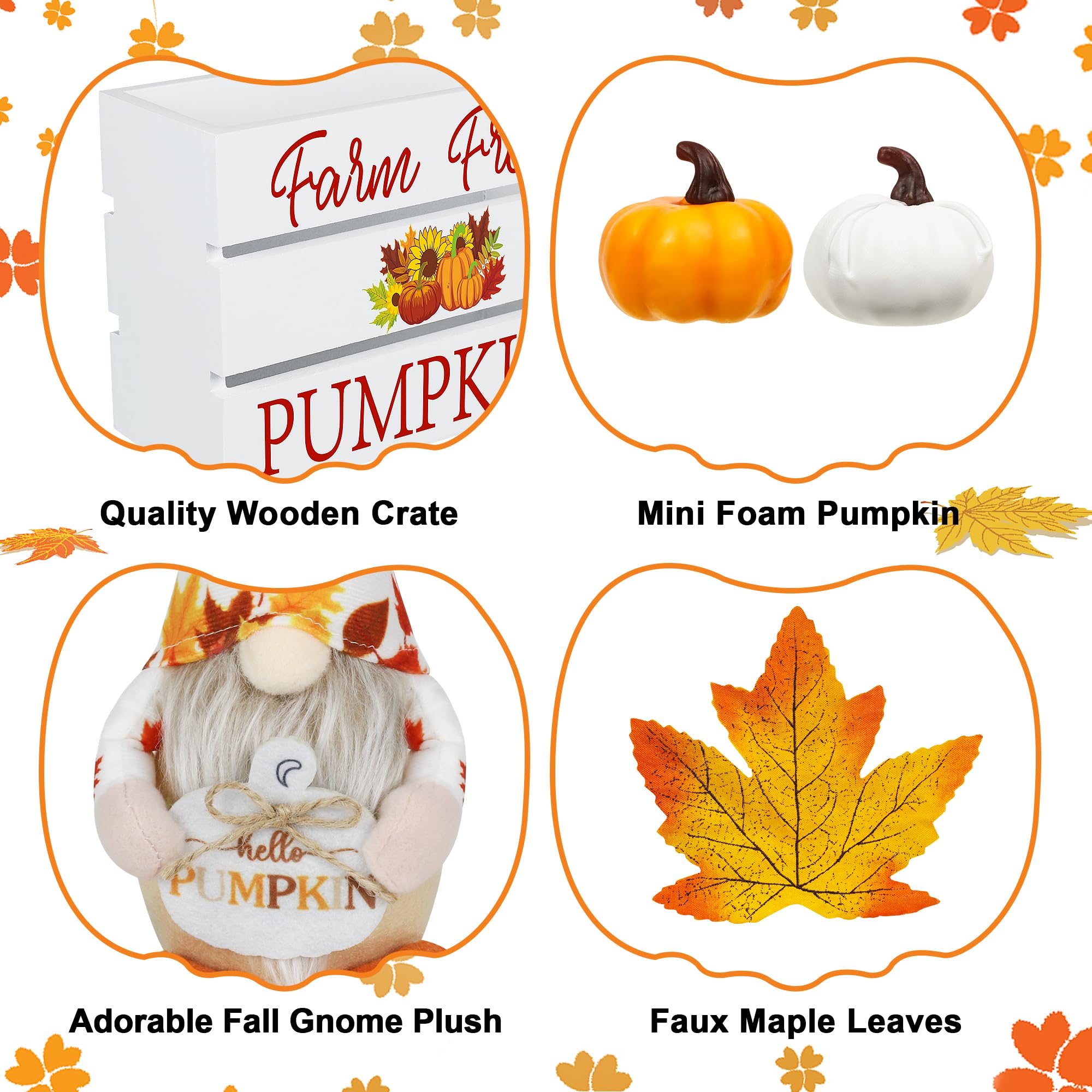 Fall Decorations for Home Indoor, Fall Thanksgiving Table Decor - Wooden Crate with 1 Fall Gnome Plush, 4 Mini Foam Pumpkins & 6 Fall Leaves, Farmhouse Fall Kitchen Tiered Tray Decor Mantle Shelf Desk