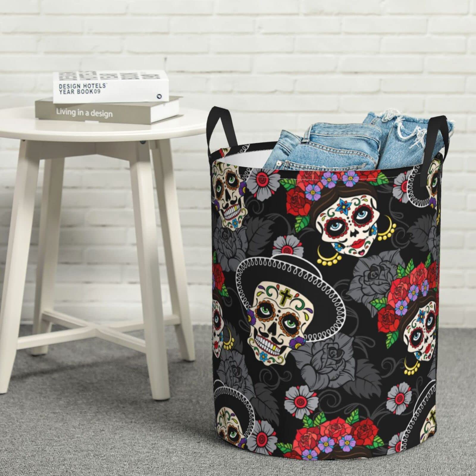 Gbuzozie Floral Skulls Round Laundry Hamper Day Of The Dead Storage Basket Toys Clothes Organizer Bin For Home Bathroom Bedroom Dorm Nursery, 38l