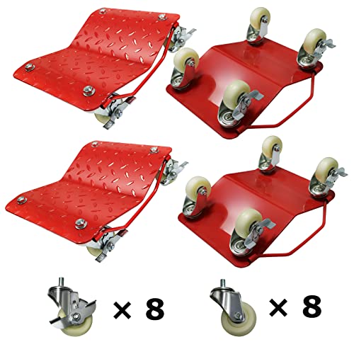 HONYTA Red Dollies 4 Pics Heavy Duty 6000-Pound Capacity Vehicle Dollies with Brakes