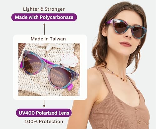 Leafael Sunglasses Womens Trendy Retro Purple Floral Designs | Polarized Lens UV Protection | Round Cat Eye Frame | Casual & Active