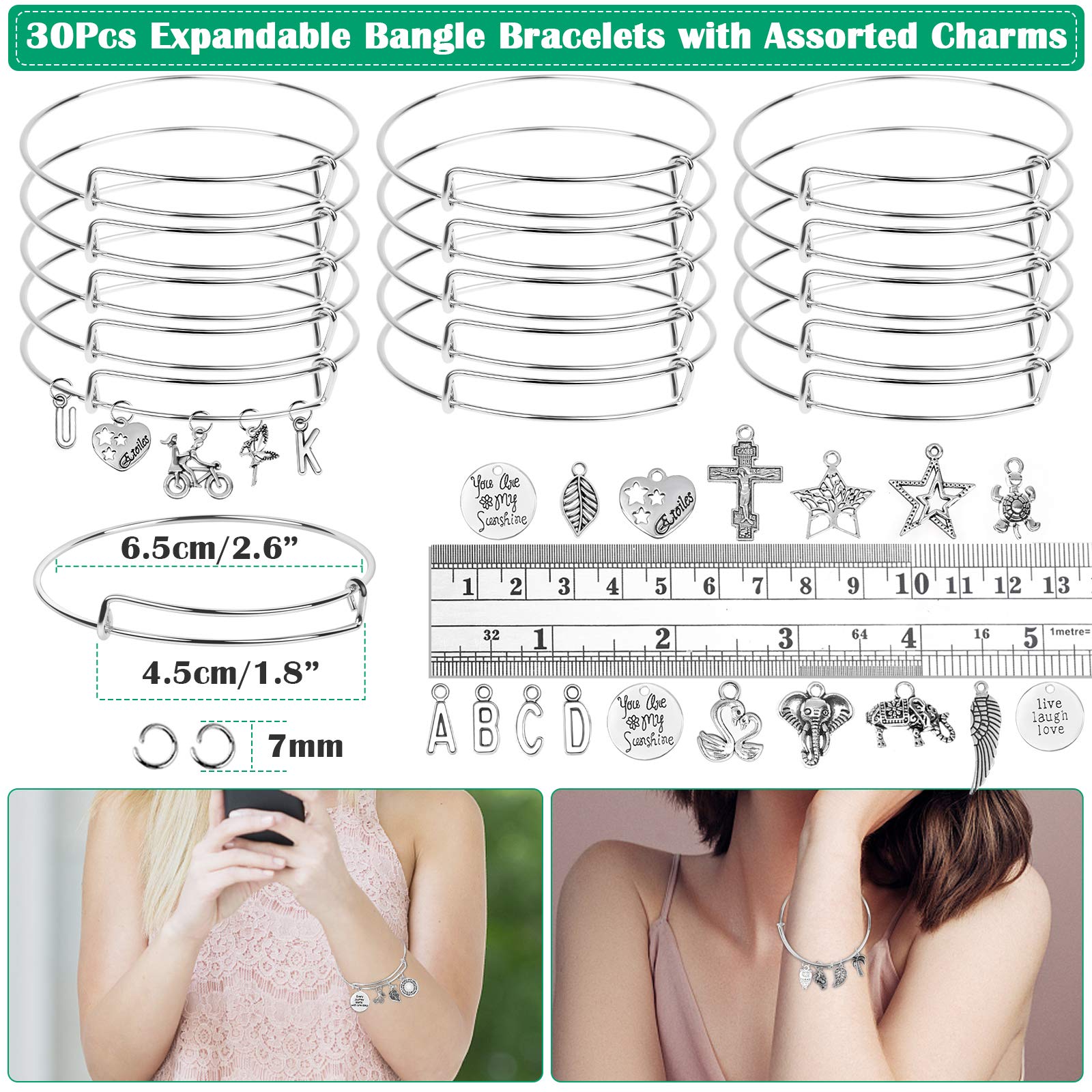 Flasoo 376Pcs Bangles Bracelet Making Kit Include 30Pcs Expandable Bangle Adjustable Wire Bracelets 146Pcs Assorted Tibetan Silver Charm Pendants and 200Pcs Jump Rings for DIY Craft Jewelry Making