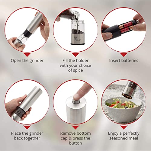 Electric Salt and Pepper Grinder Set - Stainless Steel Battery Operated Salt and Pepper Shakers - 2 Pepper Mills with Light and Adjustable Coarseness