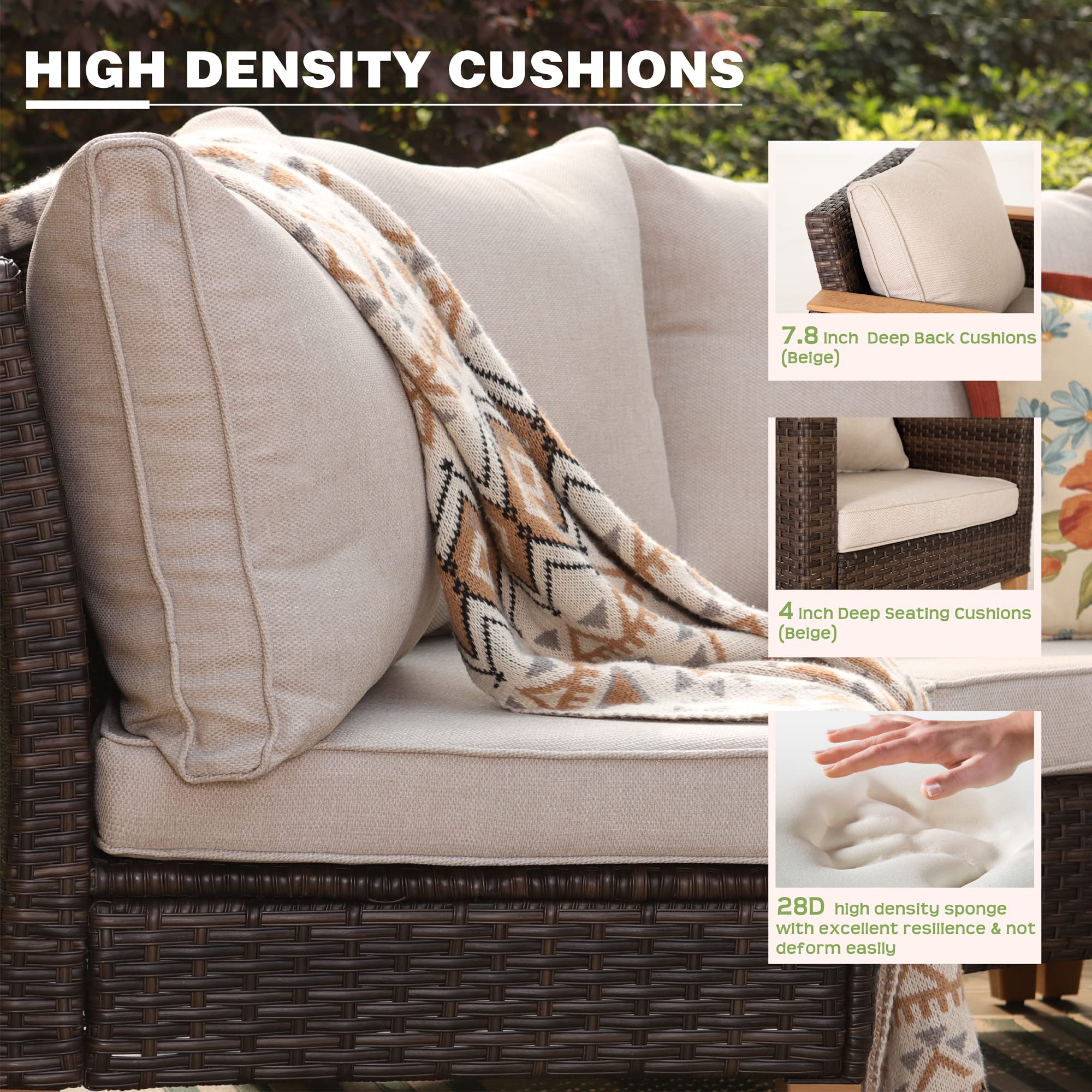 PHI VILLA Oversized 3-Seater Patio Couch Outdoor Wicker Patio Furniture Sofa Set for 3 People Conversation Rattan Sofa Set Outdoor Garden