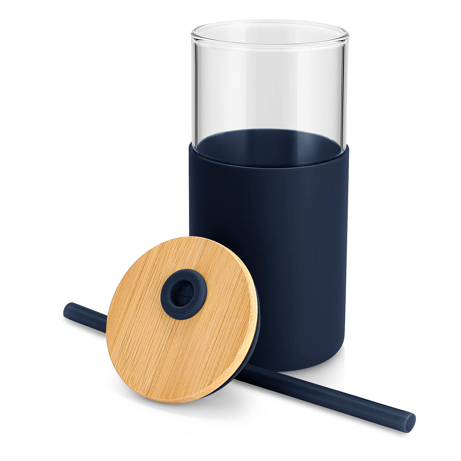 Tronco 16 oz Glass Tumbler with Straw and Bamboo Lid, Iced Coffee Cup Reusable, Smoothie Cups, Tumbler with Silicone Protective Sleeve - BPA Free