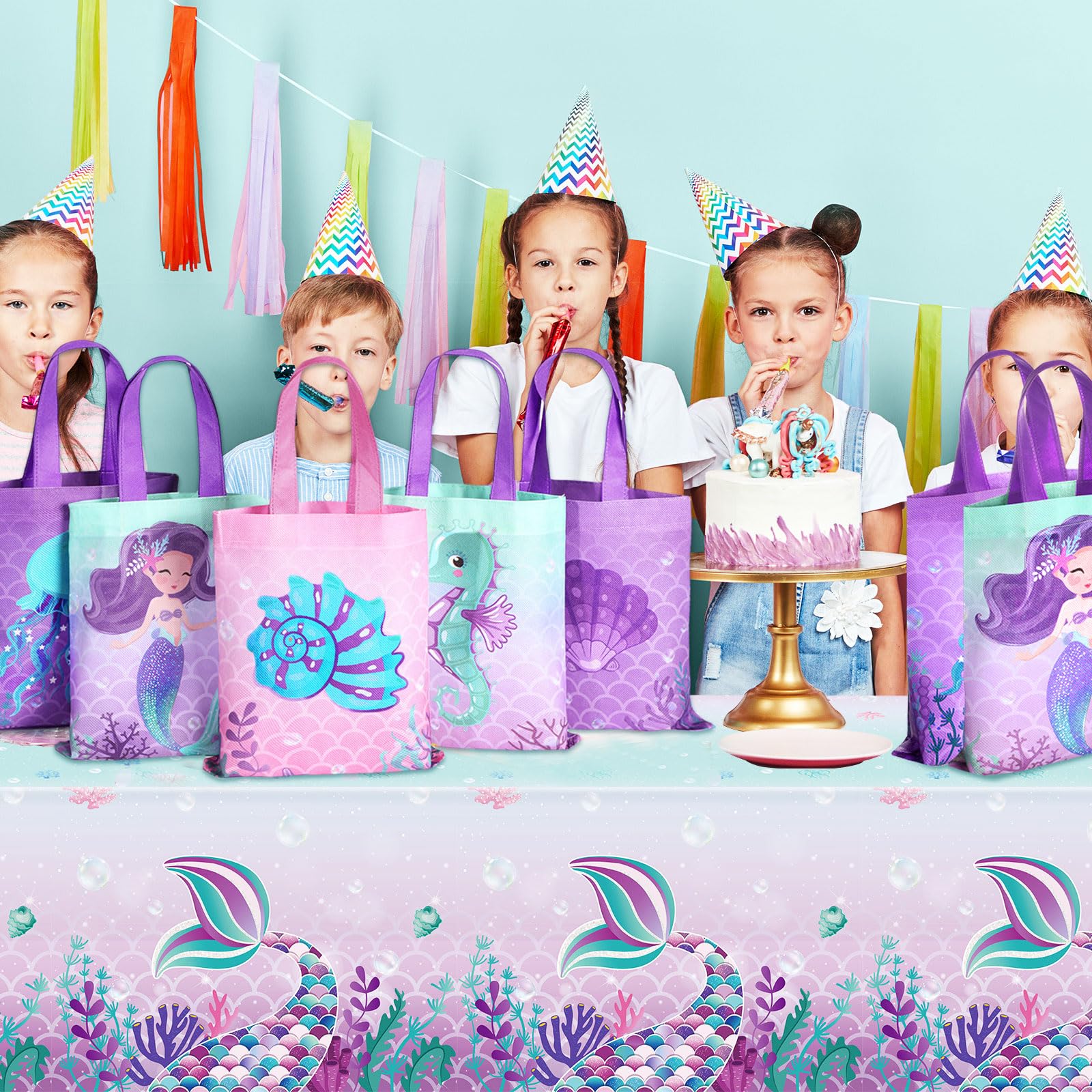 Photect 32 Pcs Mermaid Party Favor Bags Under the Sea Party Goodie Bags Marine Sea Animals Treat Bags Reusable Mermaid Theme Non Woven Tote Bags for Girls Birthday Ocean Party Baby Shower Supplies