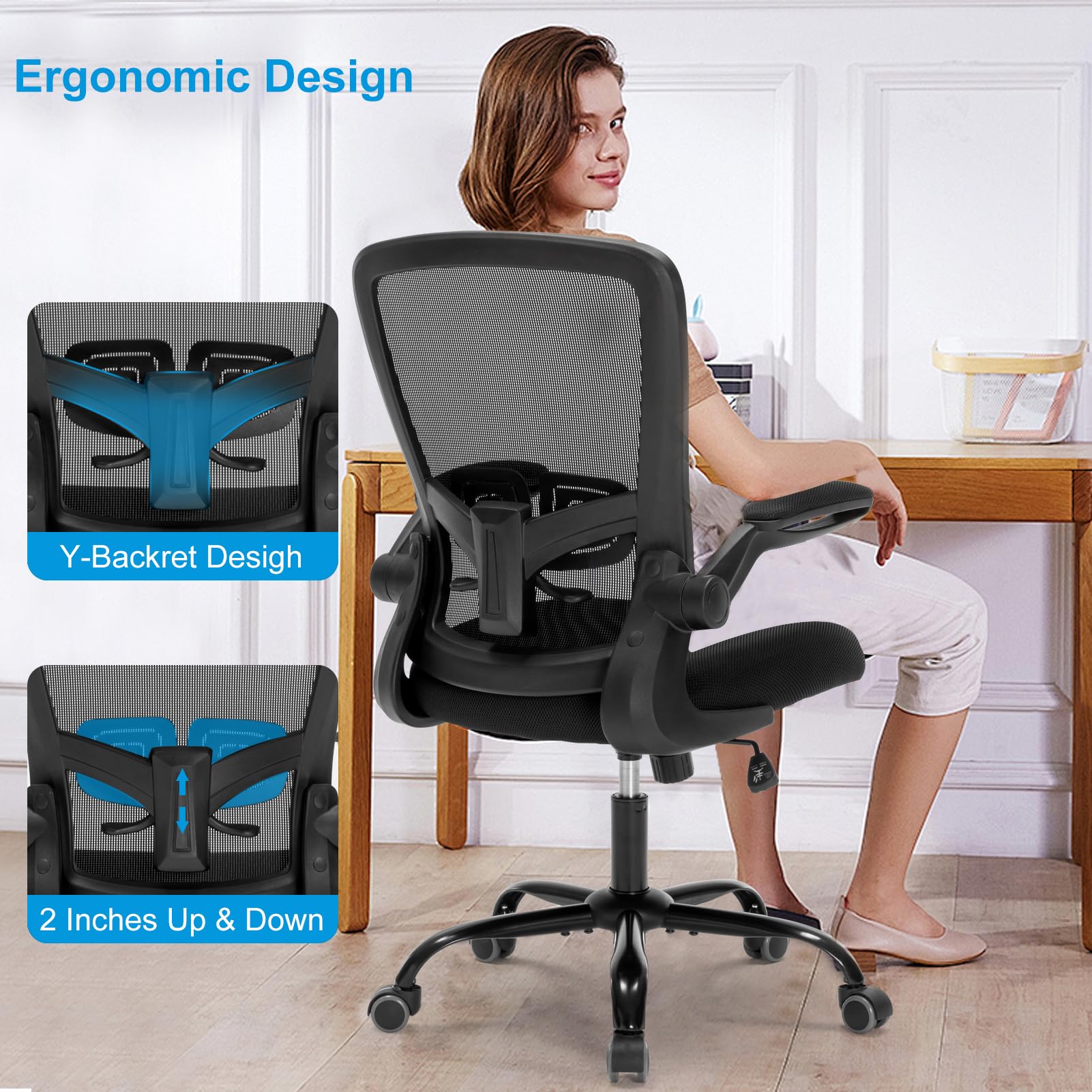 Office Computer Desk Chair,Ergonomic Executive Office Chair with Mesh, Adjustable Lumbar Support, Swivel Rolling for Home, Bedroom, Study, Student, Adults, Black
