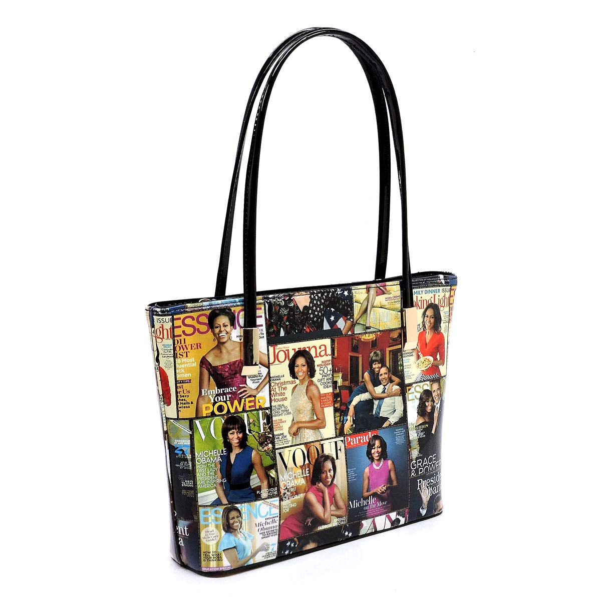 Glossy magazine cover collage Michelle Obama printed two stand alone tote bags and one matching wallet 3pcs set, 3 in 1 (Pic#A-MTBK)
