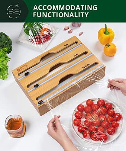 ROYAL CRAFT WOOD Bamboo Kitchen Drawer Organizer with 3 Slots for Food Storage Containers, Kitchen Foil, and Plastic Wrap β Includes Cutter