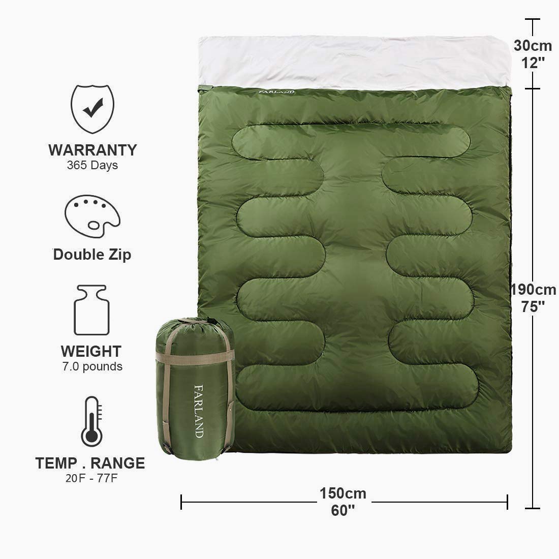 FARLAND Sleeping Bags 20℉ for Adults Teens Kids with Compression Sack Portable and Lightweight for 3-4 Season Camping, Hiking,Waterproof, Backpacking and Outdoors (Dark Grey Double, Rectangle)