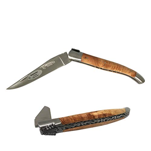 Laguiole en Aubrac Handmade Luxury Double Plates Folding Pocket Knife, 4.8-in (12cm), Juniper Handle, Hand Forged Special Crafting Bee #7, Stainless Steel Bolsters