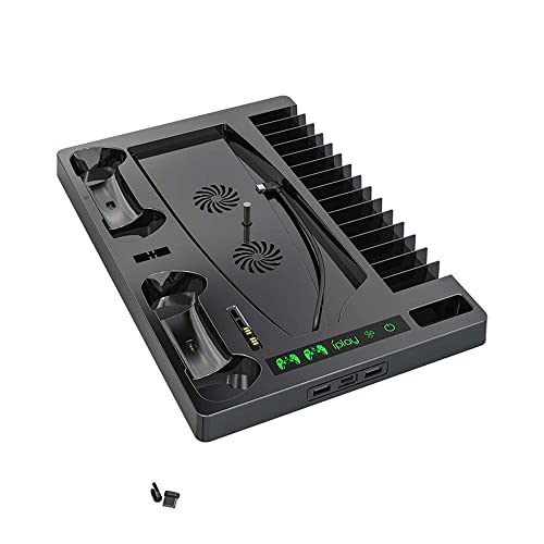 GOTRUTH Vertical Stand for PS5 with 2 Charging Station, 2 Cooling Fan with 15 Game Storage, 1 Pulse 3D Headset Holder, 1 Media Remote Storage