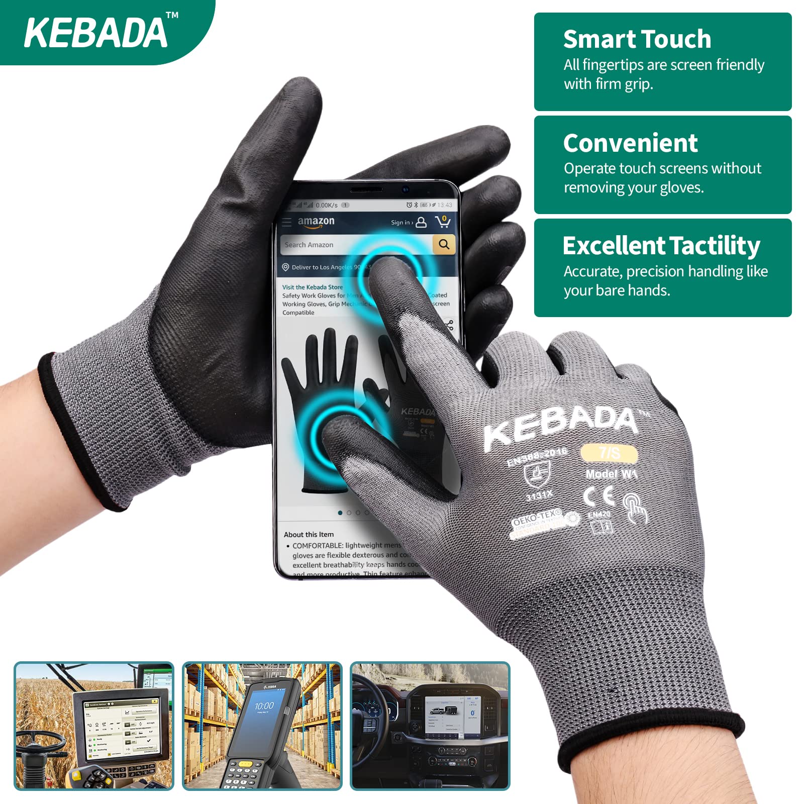 Kebada W1 Work Gloves for Men and Women with Grip,12 Pairs Bulk Pack Mechanic Gloves,PU Coating on Palm & Fingers,Breathable Mens Gardening Touchscreen,Lightweight,Gray Large