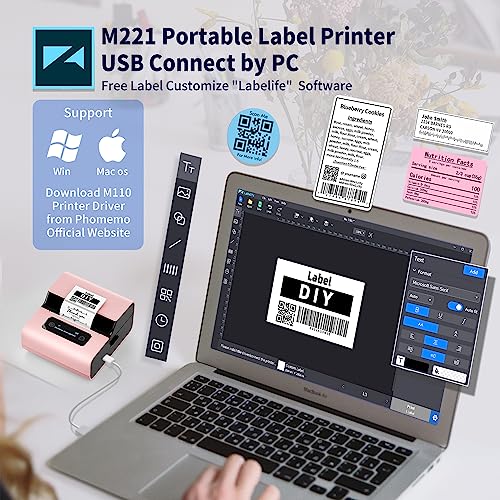 Phomemo Label Maker, Pink M221 Upgrade Barcode Label Maker, Portable Bluetooth Thermal Inkless Label Printer for Phomemo Labels, Small Business, Clothing, Address, Mailing, Support Phone& PC