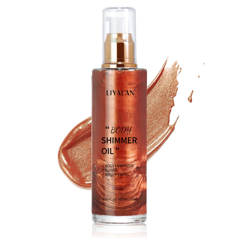 Liyalan Shimmer Body Oil Golden Brown 5 Color Bronze Face Glow Pearl Highlighter Illuminator Body Makeup Shine Glitter Gold Liquid Taning(3.38 Fl Oz/#04)