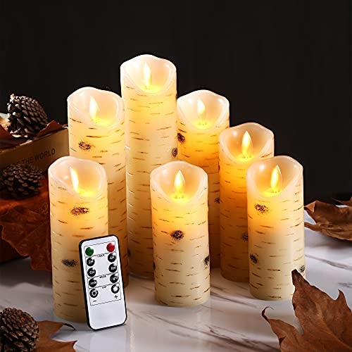 kedtui Flameless Candles Battery Operated Candles with Birch Bark Effect Set of 7 Ivory Real Wax Pillar Dancing LED Flames Candles with 10-Key Remote Control and Cycling 24 Hours Timer…