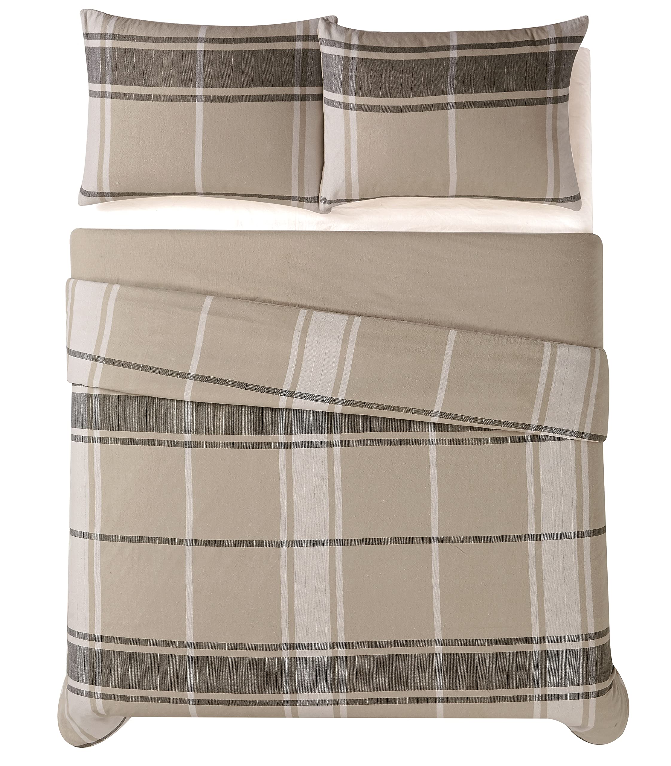 Truly Soft Everyday - Twin XL 2 Piece Duvet + Sham Set - Preston Plaid Flannel Collection - Khaki