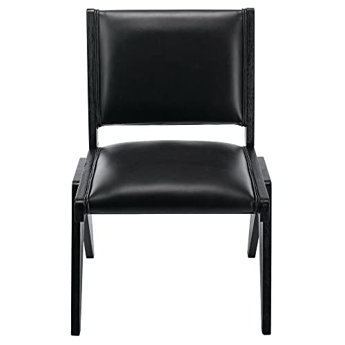 Mid-Century Modern Dining Chairs Set of 2 with PU Leather Upholstered, Country Farmhouse French Wooden Side Chairs, Black