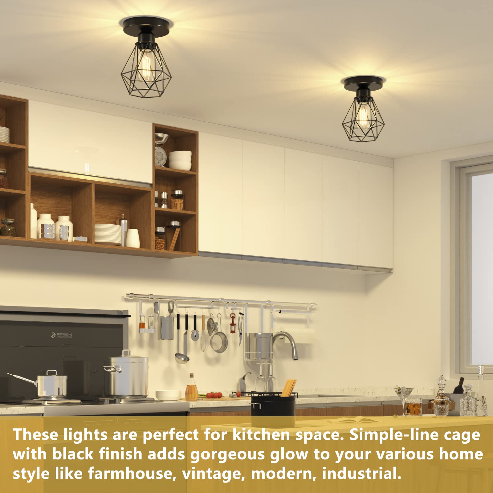 FadimiKoo 2-Pack Semi Flush Mount Ceiling Light, Black Hallway Light Fixtures Ceiling Mount, Farmhouse Metal Cage Pendant Indoor Modern Ceiling Lamp for Kitchen Porch Bedroom (LED Bulbs Included)