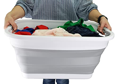 SAMMART 36L (9.5 gallon) Collapsible Plastic Laundry Basket - Foldable Pop Up Storage Container/Organizer - Portable Washing Tub - Space Saving Hamper/Basket (White/Grey (Set of 2))