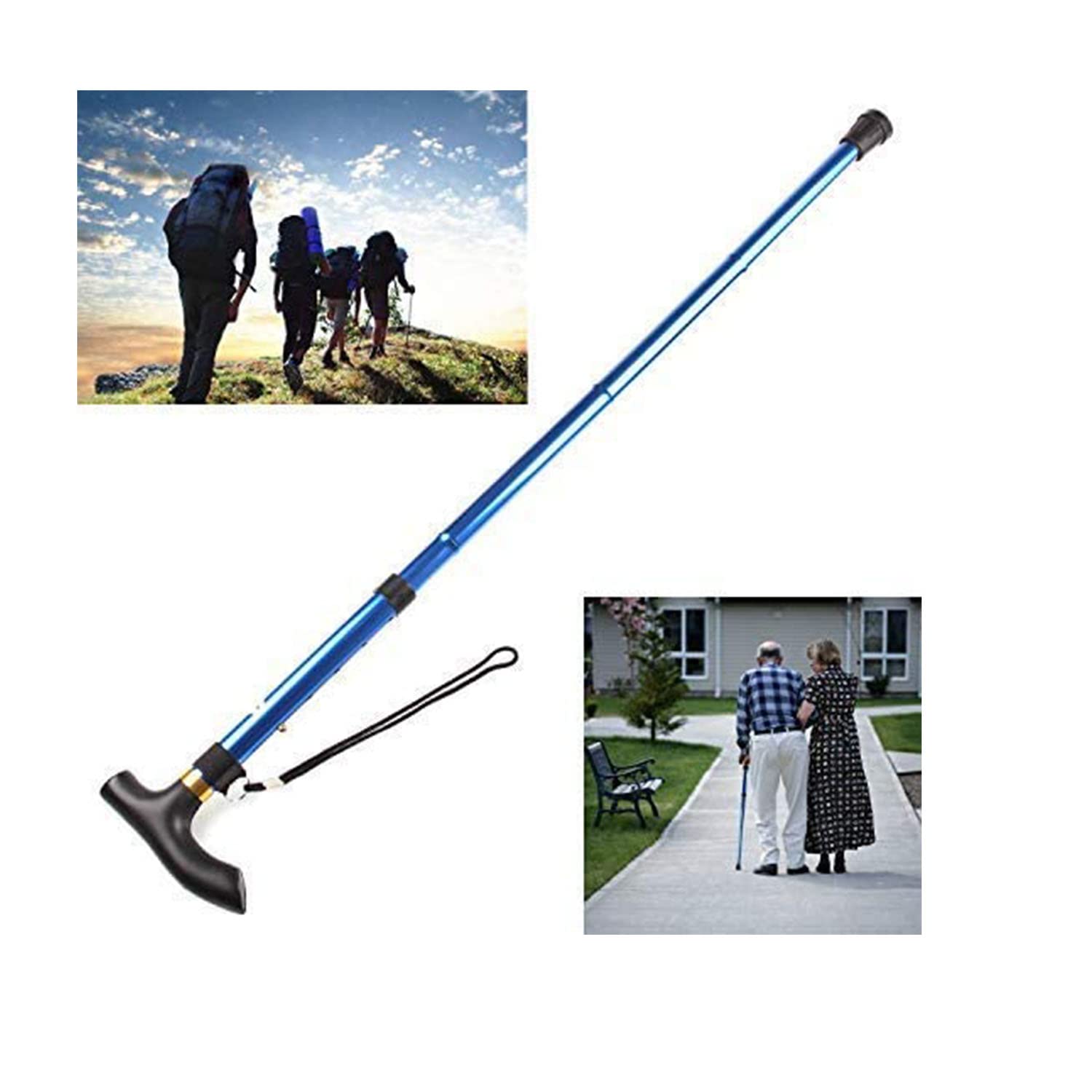 Folding Walking Stick, 32~36 Inch Adjustable Cane Aluminum Metal Collapsible Ergonomic Handle Lightweight Quick Locks Trail Poles for Hiking Trekking Travel (Blue)