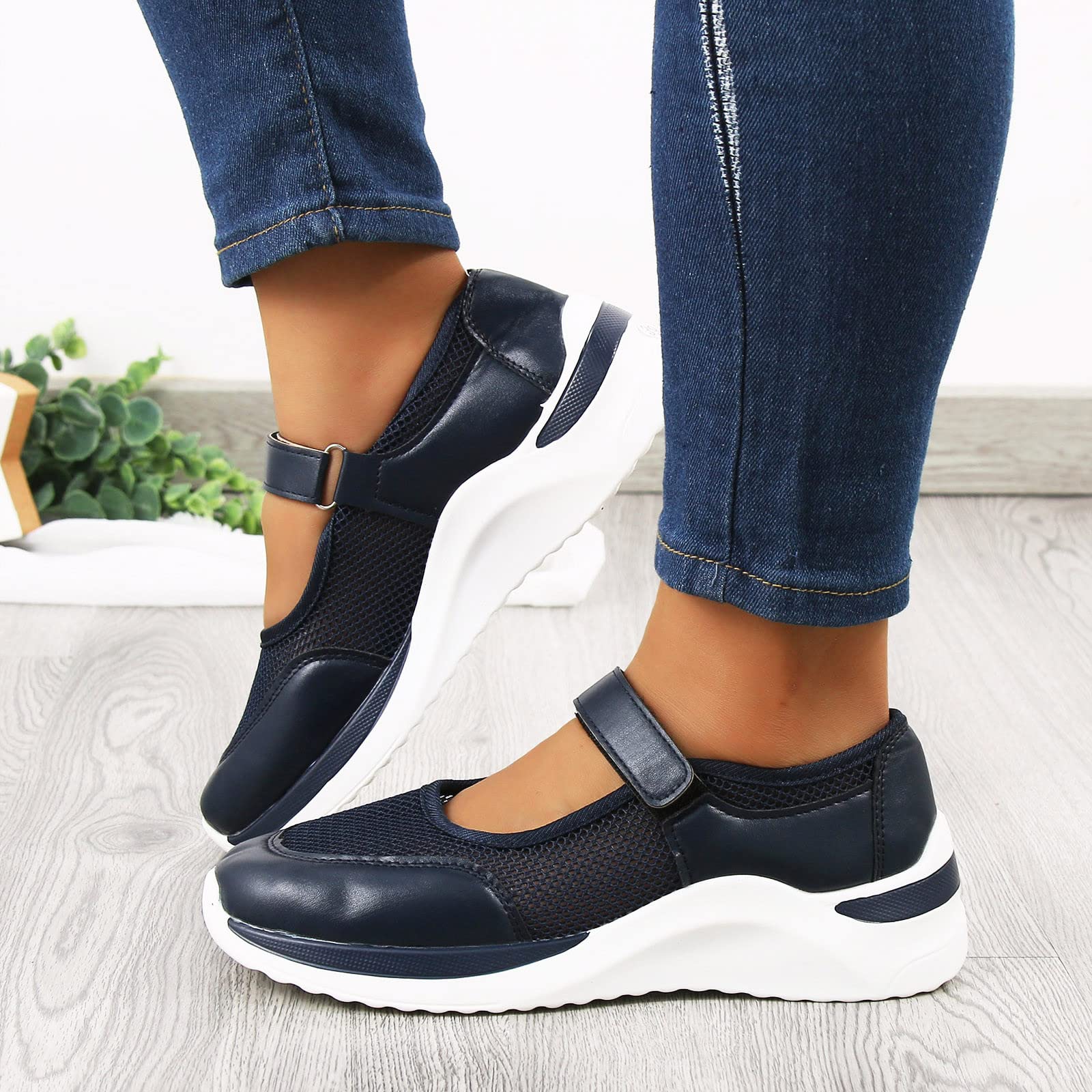 FASDNENDYS Ladies Fashion Colorblock Mesh Breathable Hook Loop Comfortable Platform Quick Dry Hiking Shoe Dark Blue