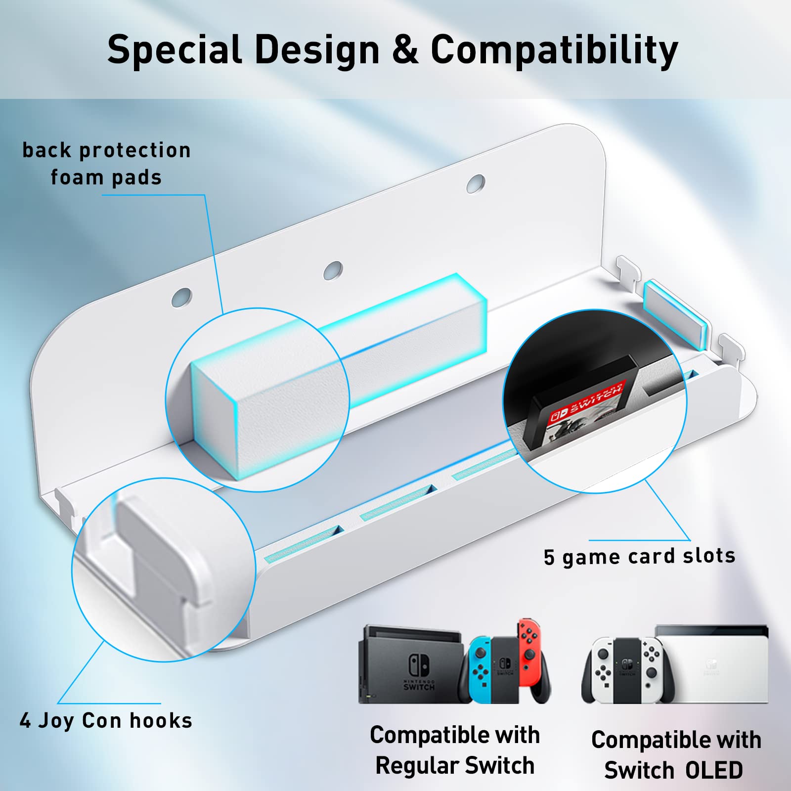 HANTNOOL Upgraded Wall Mount for Switch OLED and Switch, Metal Wall Mount Bracket with Back Airflow Gap Design, 4 Hooks for Joy Cons and 5 Game Card Holders (White)