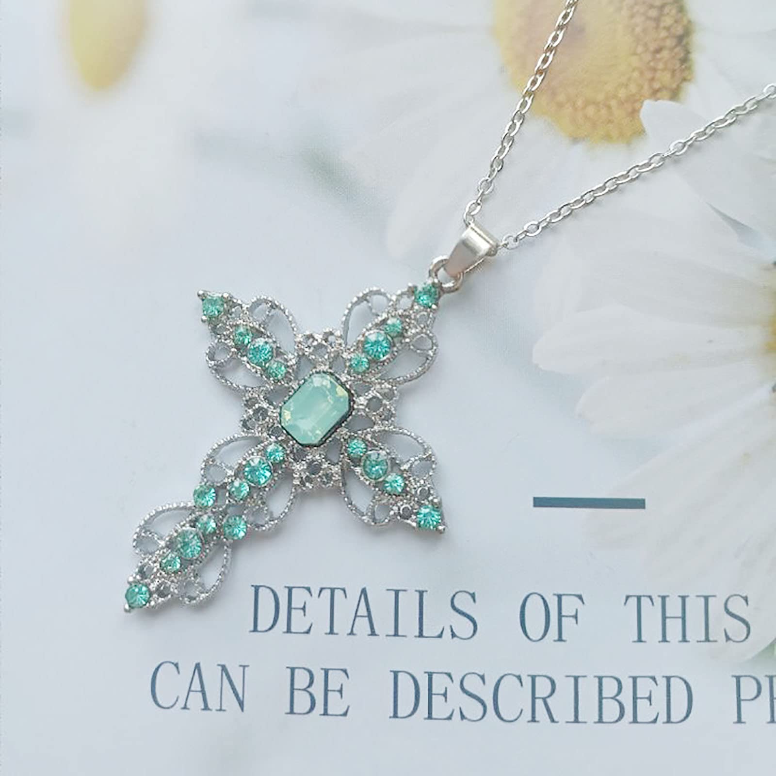 Faruodis Cross Bohemian Pendant Necklace Crystal Celtic Chain Jewelry for Women (Blue)