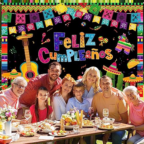Feliz Cumpleaños Backdrop Mexican Fiesta Happy Birthday Party Decorations Supplies Cactus Balloons Mexico Cinco De Mayo Carnival Bday Cake Table Banner Photography Background Photo Props