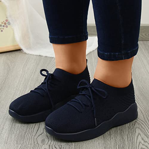 FASDNENDYS Ladies Fashion Solid Color Mesh Breathable Round Toe Lace Up Low Top Flat Beach Shoes Dark Blue