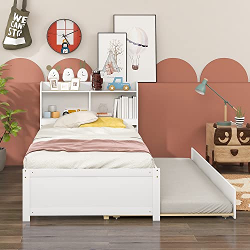 Twin Bed with Trundle, Twin Size Platform Bed with Bookcase Headboard and Pull Out Trundle Bed, Wooden Twin Bed Frame with Storage Shelves, No Box Spring Needed (Twin, White)