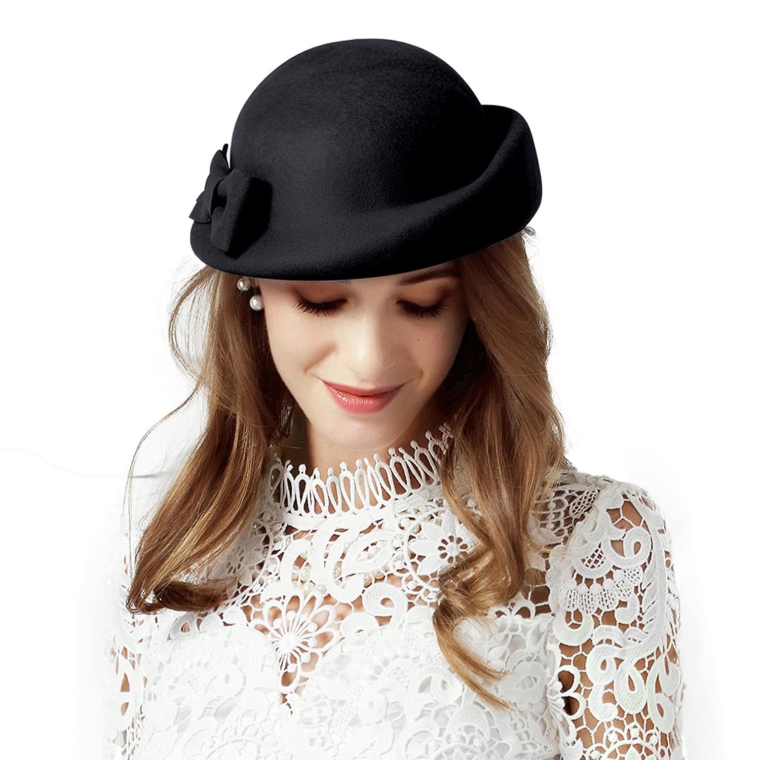 F FADVES Pillbox Hat Wool Felt Beret Fascinator Hats Flower Cocktail Wedding Tea Party Hat (A Purple)