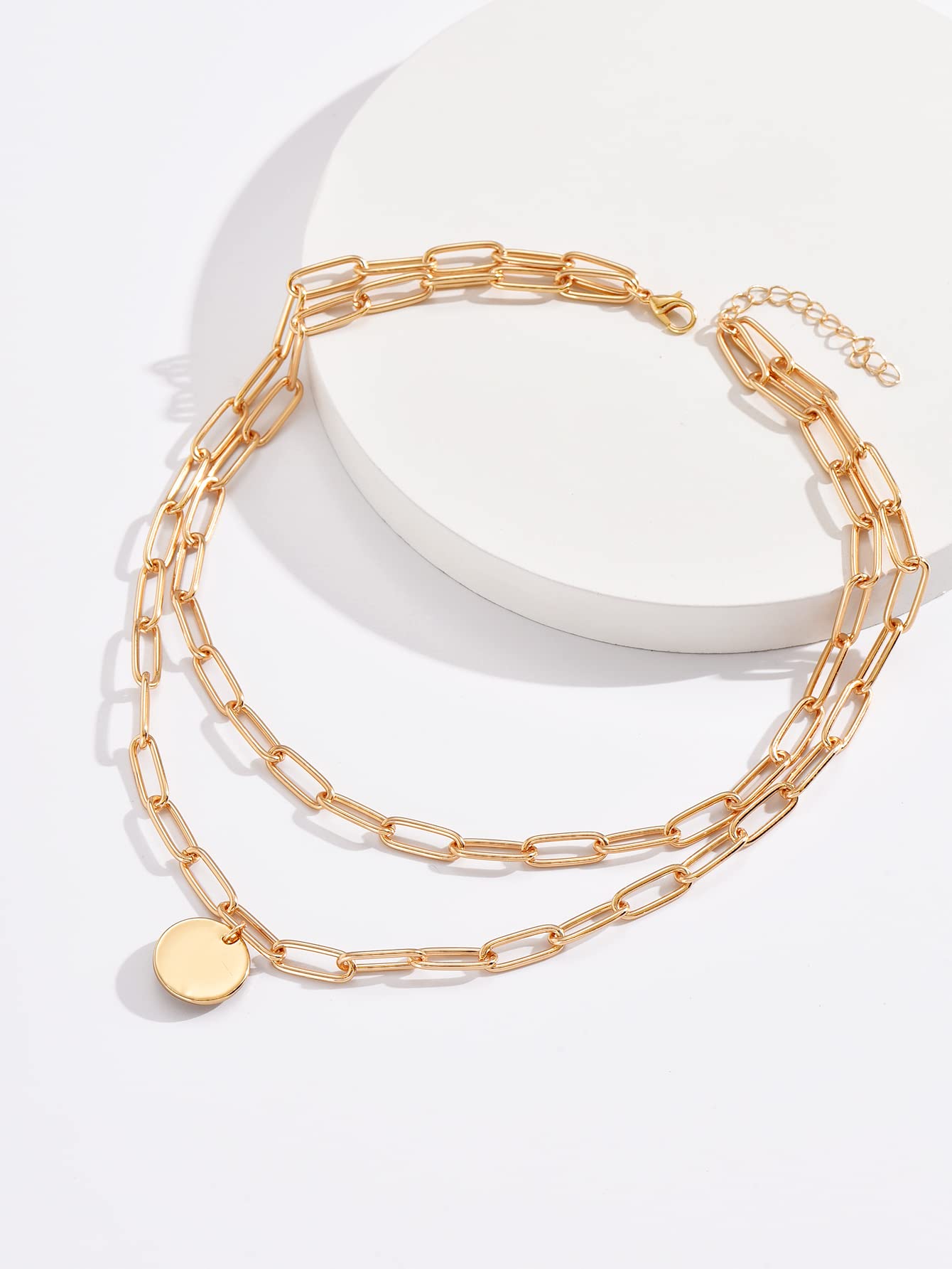 GORGLITTER Women's Round Pendant Layered Necklace Paperclip Chain Necklaces Yellow Gold One Size
