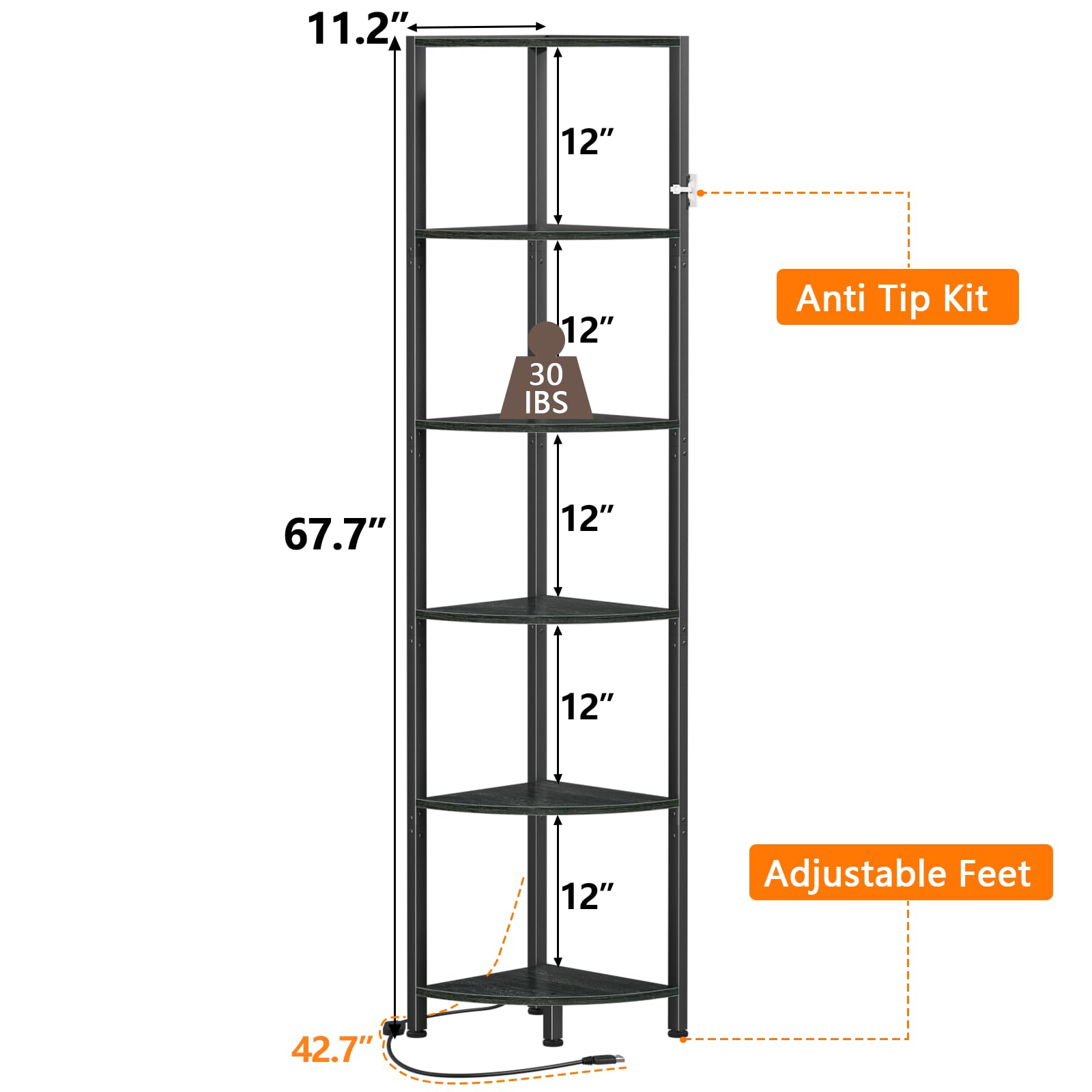 Furnulem 6 Tier Corner Shelf with LED Light, 67.5β Tall Standing Shelf Organizer, Black Narrow Bookshelf with Storage Rack for Wall Corner, Living Room, Bedroom, Metal Frame, Wood Display Shelf
