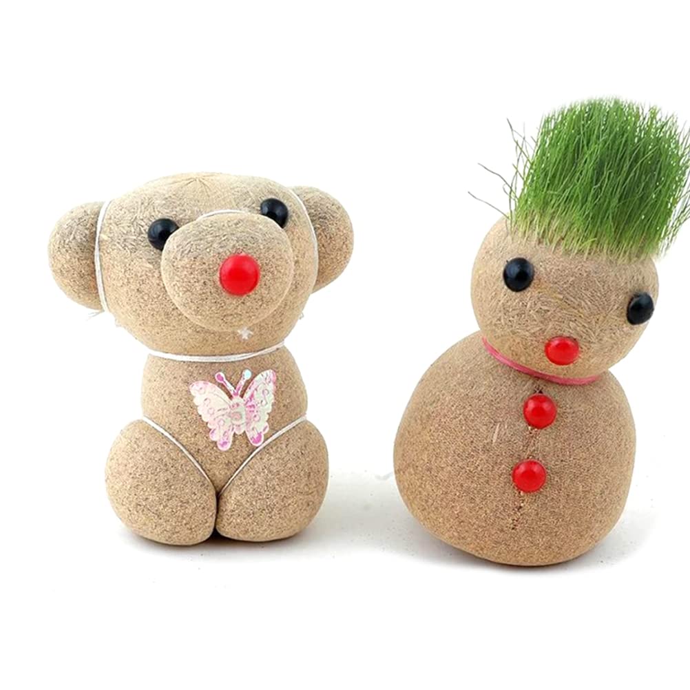 kekafu 2 Pack Growing Grass Head Doll Mini Bonsai Grass Head Plants Potted Craft DIY Educational Gifts for Children Office Garden Decoration Supplies, Random Styles