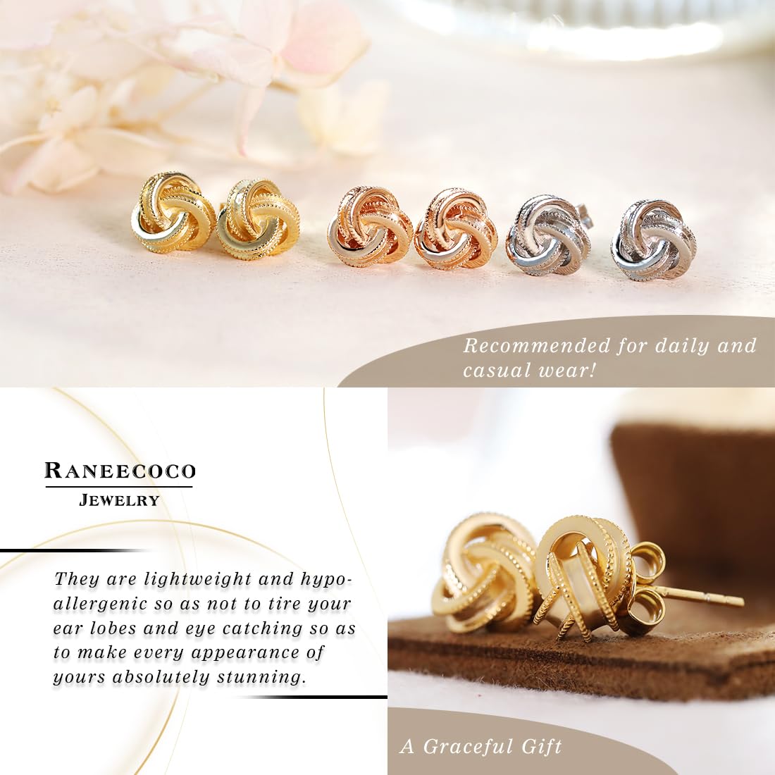 Gold Plated Sterling Silver Studs Love Knot Earrings For Women | Hypoallergenic & Nickle Free Jewelry for Sensitive Ears (10, white-gold-plated-silver)